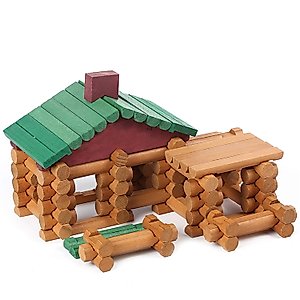 Wondertoys 90 Pieces Classic Wood Cabin Logs Set, Building Log Toy for Children, Farm House Construction Educational Toys for 3 4 5 6 Years Old