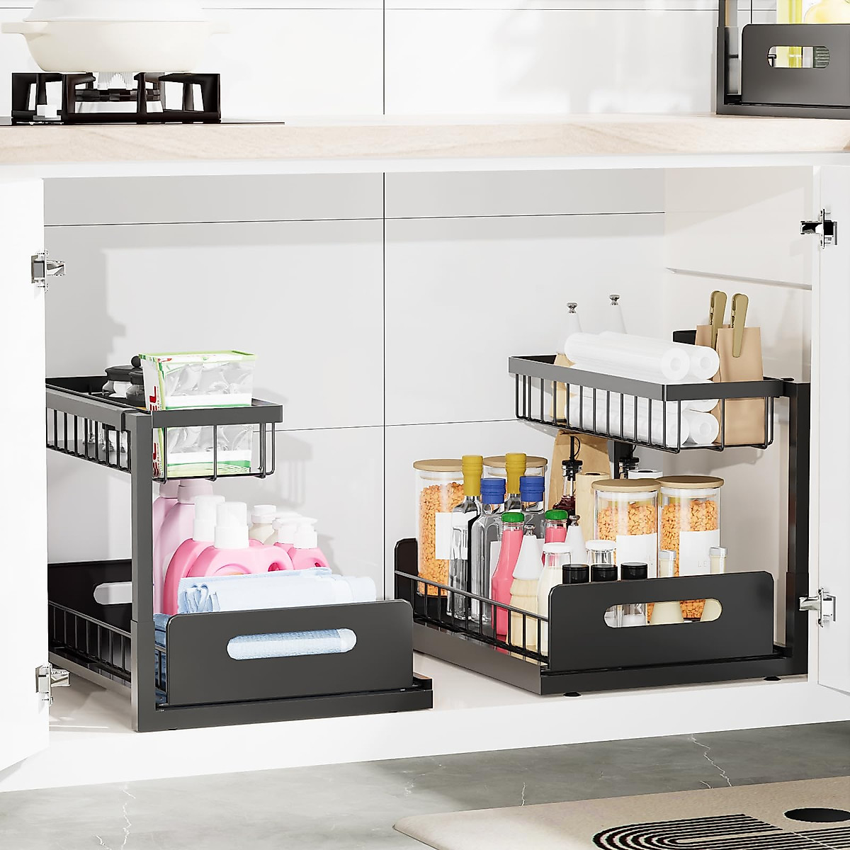 2 Pack Under Sink Organizer, 2 Tier Pull Out Cabinet Organizer Slide Out Sink Shelf Cabinet Storage Shelves, Under Sink Organizer and Storage for Kitchen Bathroom (2 Pack)