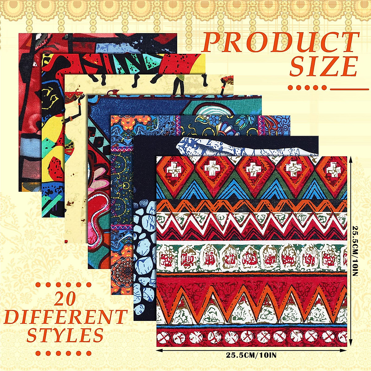 Mixweer 40 Pcs 10 x 10 Inch African Print Fabric Indian Cotton Fabric Indian Block Print Fabric Squares Vintage Multicolor Ethnic Style Decorative Fabric for Quilting Sewing Patchwork DIY Craft