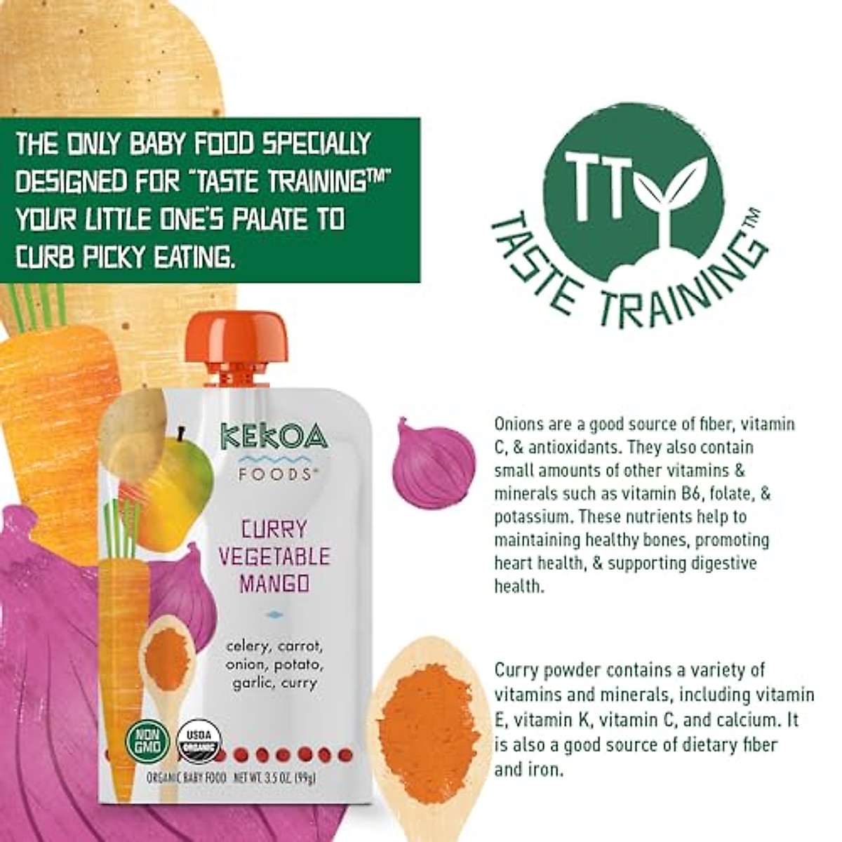 Kekoa Foods Curry Vegetable Mango Baby Food Purée | 100% USDA Certified-Organic, No Sugar Added | Organic, Non-GMO, Gluten-Free, Vegan | Mild Curry with Celery, Carrot & Potato | 3.5 oz Squeeze Pouch