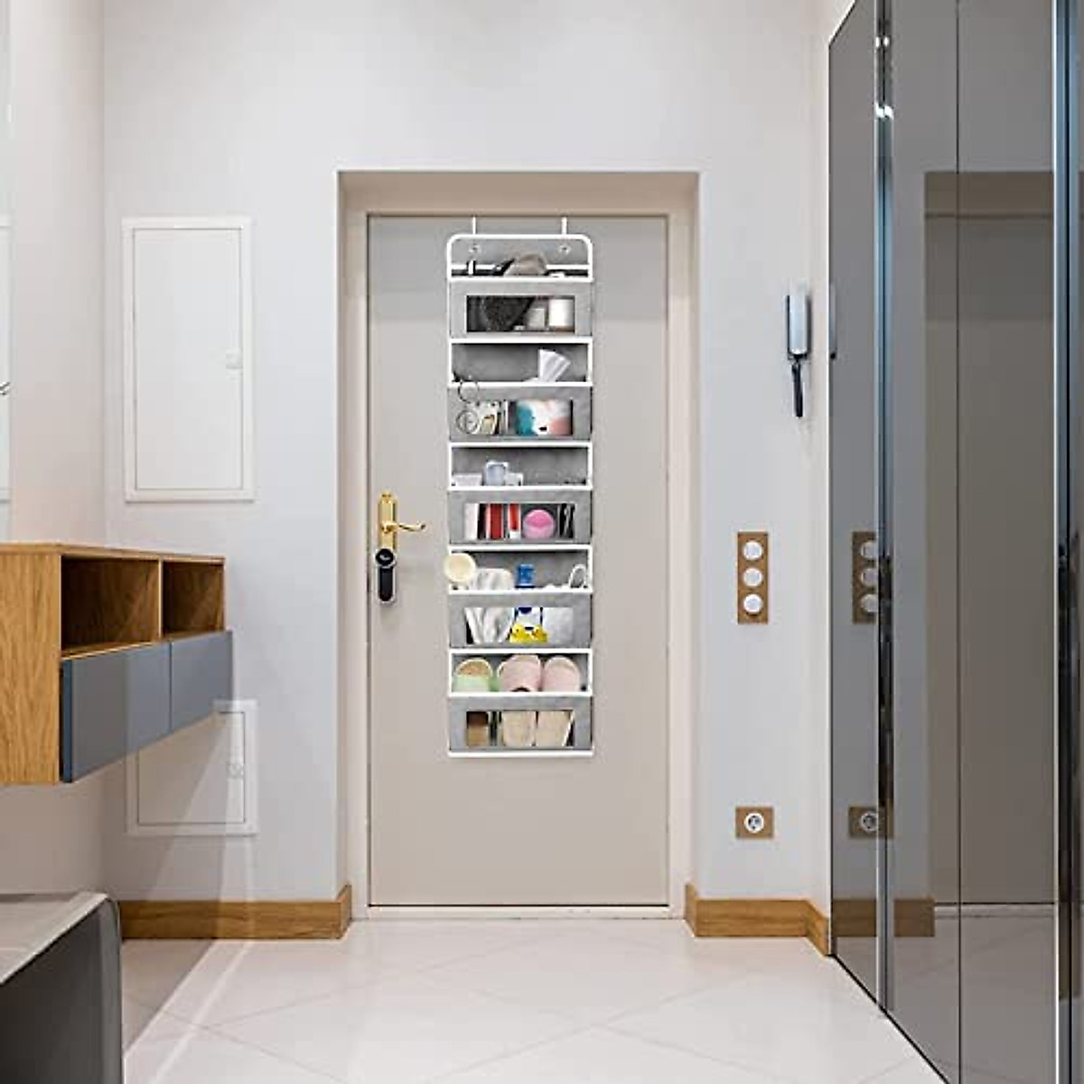 Tgoon Door Hanging Shelves, Portable Multi Layer Space Saving Over Door Hanging Organizer Breathable Non Woven for Bedroom(Grey, 5 Pockets)