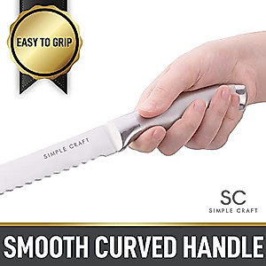 Simple Craft 13-Inch Serrated Bread Knife - Ultra Sharp Stainless Steel Serrated Knife With Comfortable Grip Handle - One Piece Bread Knife For Homemade Bread For Loaves, Vegetables, & More