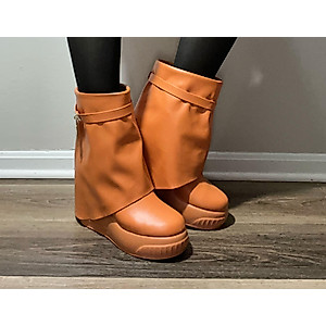 Liliana Women Round Toe Wedge Heel Fold Over Mid-calf Boots Brook-1 Orange Pu 8.5