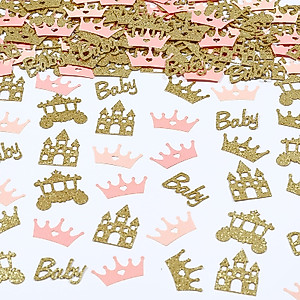 200pcs Princess Baby Shower Confetti - Pink and Gold Princess Baby Shower Decorations for Girl, Glitter Crown, Carriage, Castle Confetti, Baby Princess Table Scatter for Gender Reveal