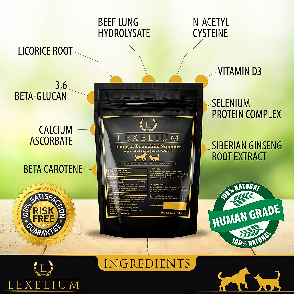 Lexelium Lung & Bronchial Supplement for Dogs and Cats - Provides Breathing Support & Keeps Lung Healthy – Optimizes Lung Function & Breathing - Easy to Mix Powder - 200G
