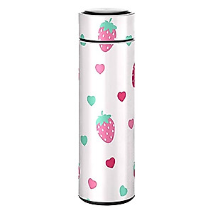 CaTaKu Cute Heart Strawberry Water Bottle Insulated 16 oz Stainless Steel Flask Thermos Bottle for Coffee Water Drink Reusable Wide Mouth Vacuum Travel Mug
