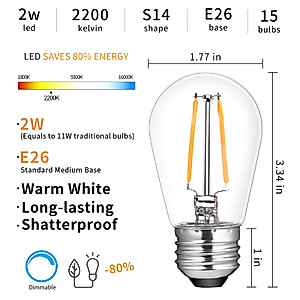 ECOVANIA Upgrade IP65 Waterproof Outdoor String Light Bulbs, 2W LED S14 Replacement Shatterproof Plastic Edison Light Bulbs, 130v E26 Medium Base, 2200K Warm White, 11 Watt Equivalent, Clear, 15 Pack