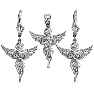 Claddagh Gold Religious Jewelry Textured Sterling Silver Praying Angel Charm Pendant and Earring Set