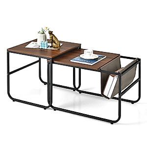 Giantex Nesting Coffee Table Set of 2, Stackable Side Table w/Side Pocket, Accent Nightstand, Industrial End Table w/Steel Frame for Living Room Bedroom Office, Easy Assembly, Rustic Brown