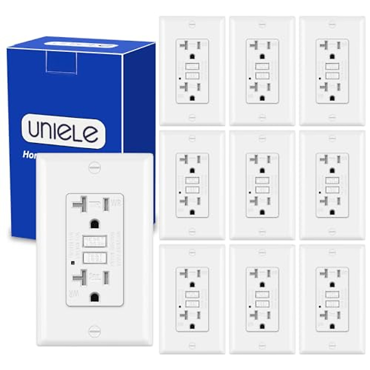 (10 Pack) UNIELE 20 Amp WR GFCI Receptacle Outlet, Outdoor Weather-Resistant GFI, Ground Fault Circuit Interrupter, Wallplate Included, ETL Listed, White