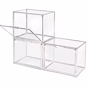 GUDEMAY Clear Stackable Plastic Storage Bins with Magnetic Attraction Lid, Dustproof Book & Cosmetic Display Cases, Large Figures Collectibles Showcase, Shoe Box, Protection Organizer (Transparent - 3 Pack)