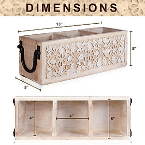 Mela Artisans Wood Utensil Holder for Kitchen | 3 Compartments - Whitewash & Black | Rustic Farmhouse Home Decor | Bathroom Organizer | Decorative Wooden Caddy | Desktop Organization | 13" Length