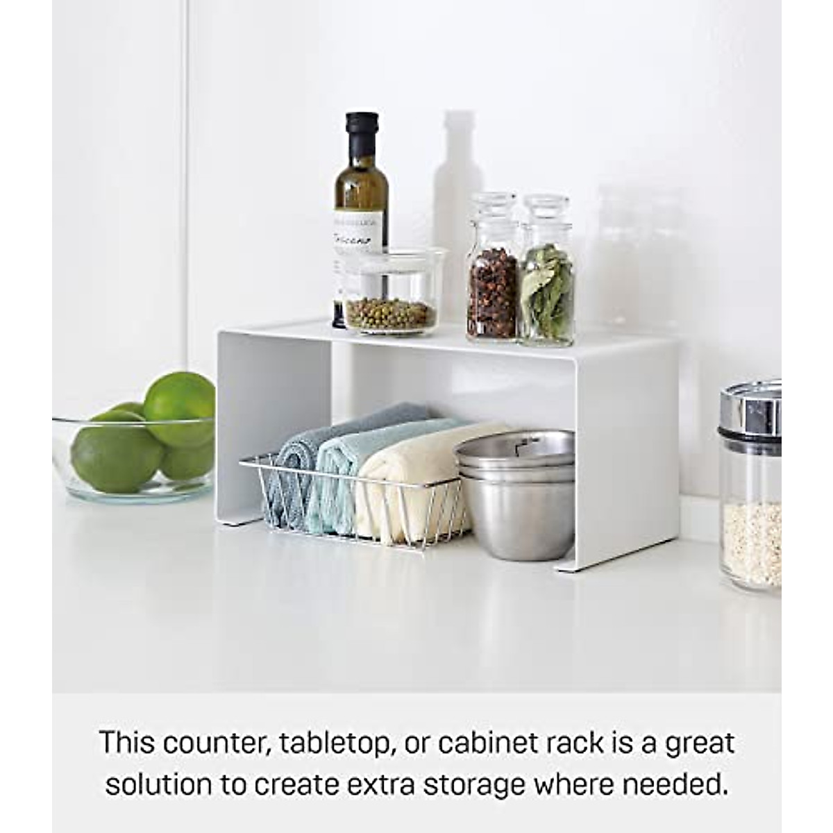 Yamazaki Home Tower Stackable Alloy Steel Kitchen Rack – Storage Organizer Counter Shelf White Small