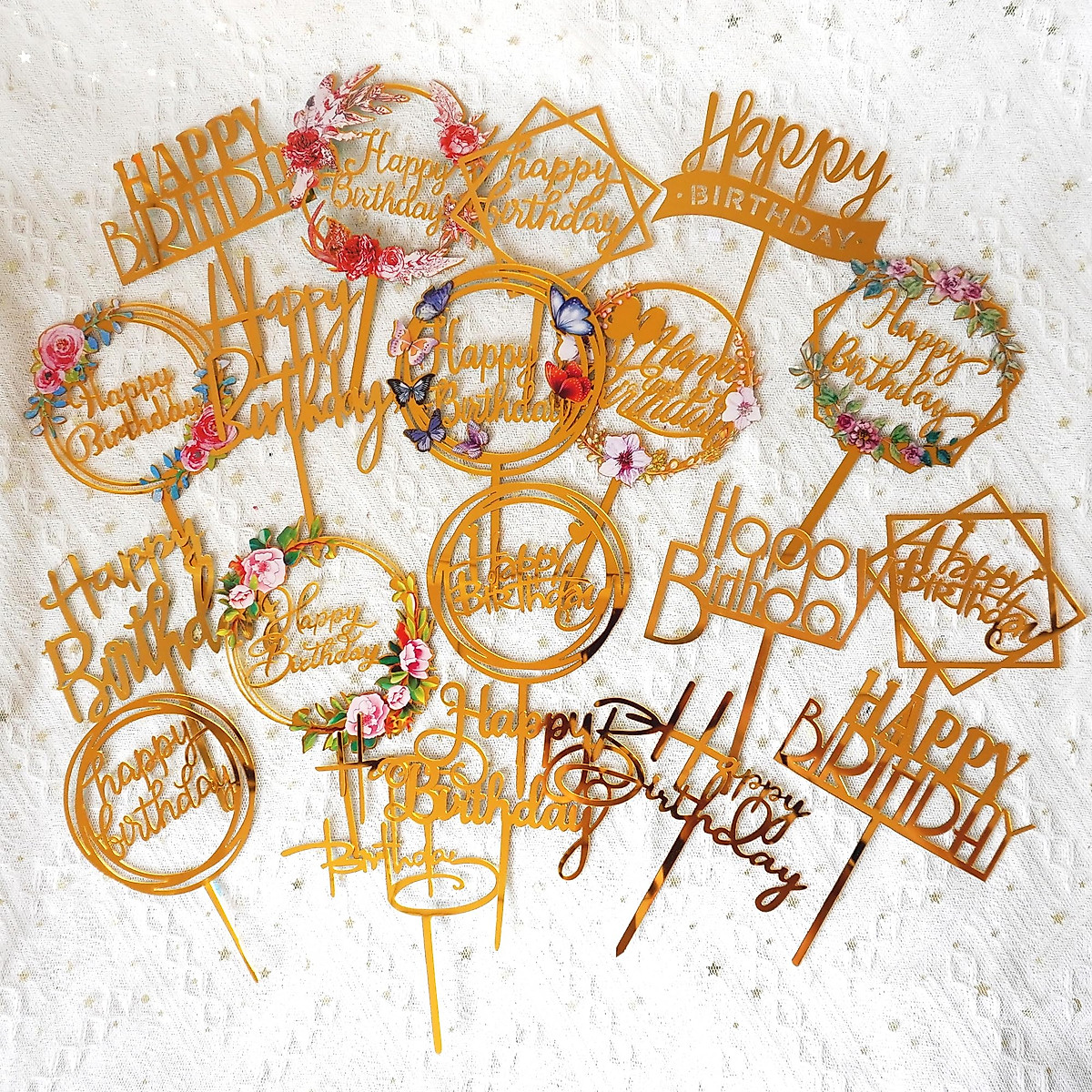 32 PCS Gold Happy Birthday Cake Toppers Flower Acrylic Gold Birthday Cake Topper Cake Pick Decorations for Birthday Party Cake Desserts Pastries (Gold)