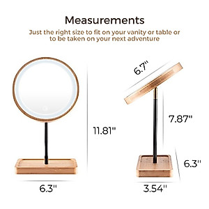 Kimikata LED Lighted Makeup Mirror Vanity Light Up Mirror with 3 Lights, Cordless USB Rechargeable Battery, Rotation, Small Bamboo Wood Beauty Storage Organizer, Tabletop Stand, Circular Ring Light