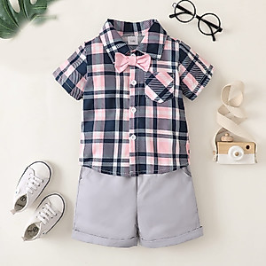YUEMION Toddler Baby Boy Shorts Sets Outfit, Infant Kid Short Sleeve Shirt Top+shorts Suits