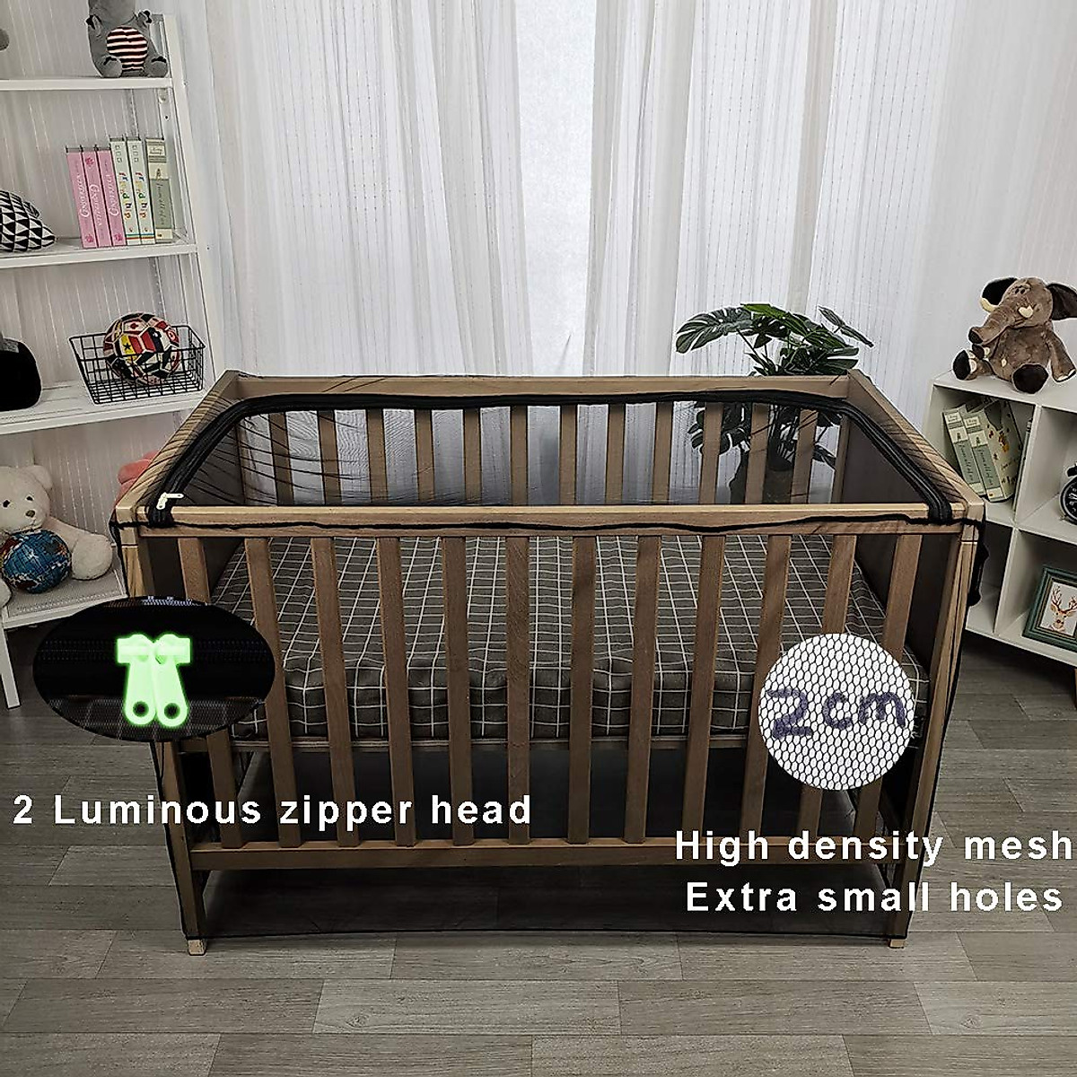 Crib net Crib Tent with Sewn in Storage Pouch, Baby Mosquito net for Crib, Pack N Play, Playpen/Stroller, 3 Sides Zipper Opening, 2 Luminous Zipper Head, Elastic Edges, Easy Attach and Remove, Black