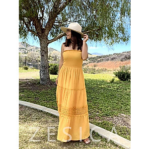 ZESICA Women's 2025 Summer Bohemian Strapless Off Shoulder Lace Trim Backless Flowy A Line Beach Long Maxi Dress,Yellow,Large