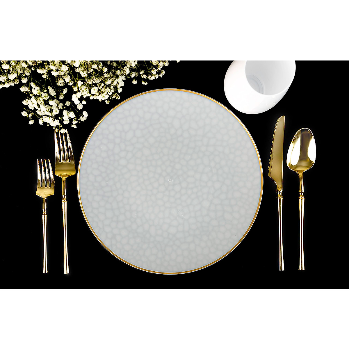 PLASTICPRO 30 Pack Hammered Plastic Plates Heavyweight Disposable Plastic Plates Elegant Transparent White With Gold Rim Platsic Party Dishes (Transparent White With Gold Rim, 9'' INCH PLATES)
