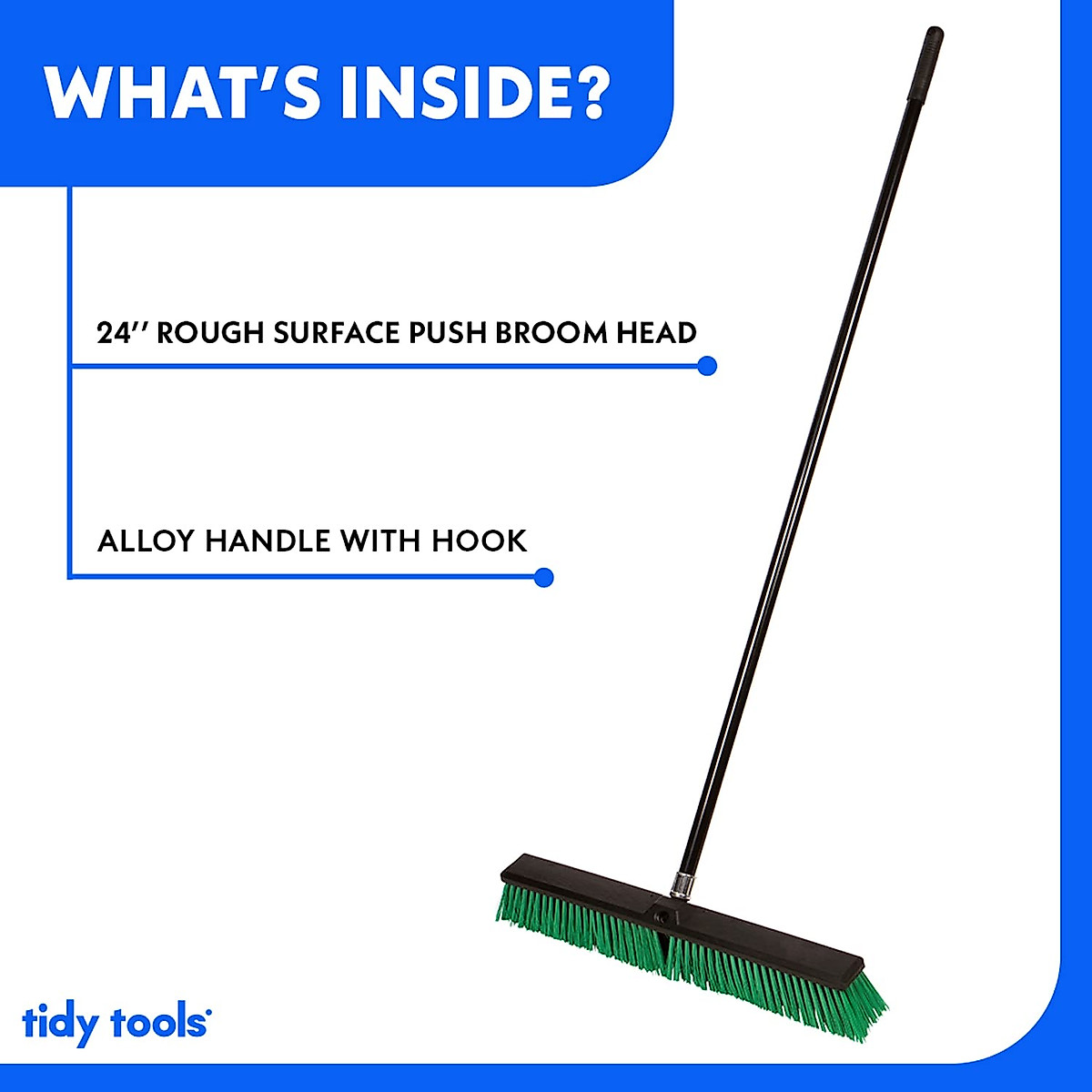 Tidy Tools 24'' Push Broom Outdoor with Long Handle Wide Stiff Bristles Heavy-Duty Brush Commercial Shop Broom for Cleaning Garage Kitchen Patio Bathroom Deck Concrete Wood Stone Tile Floor, Green