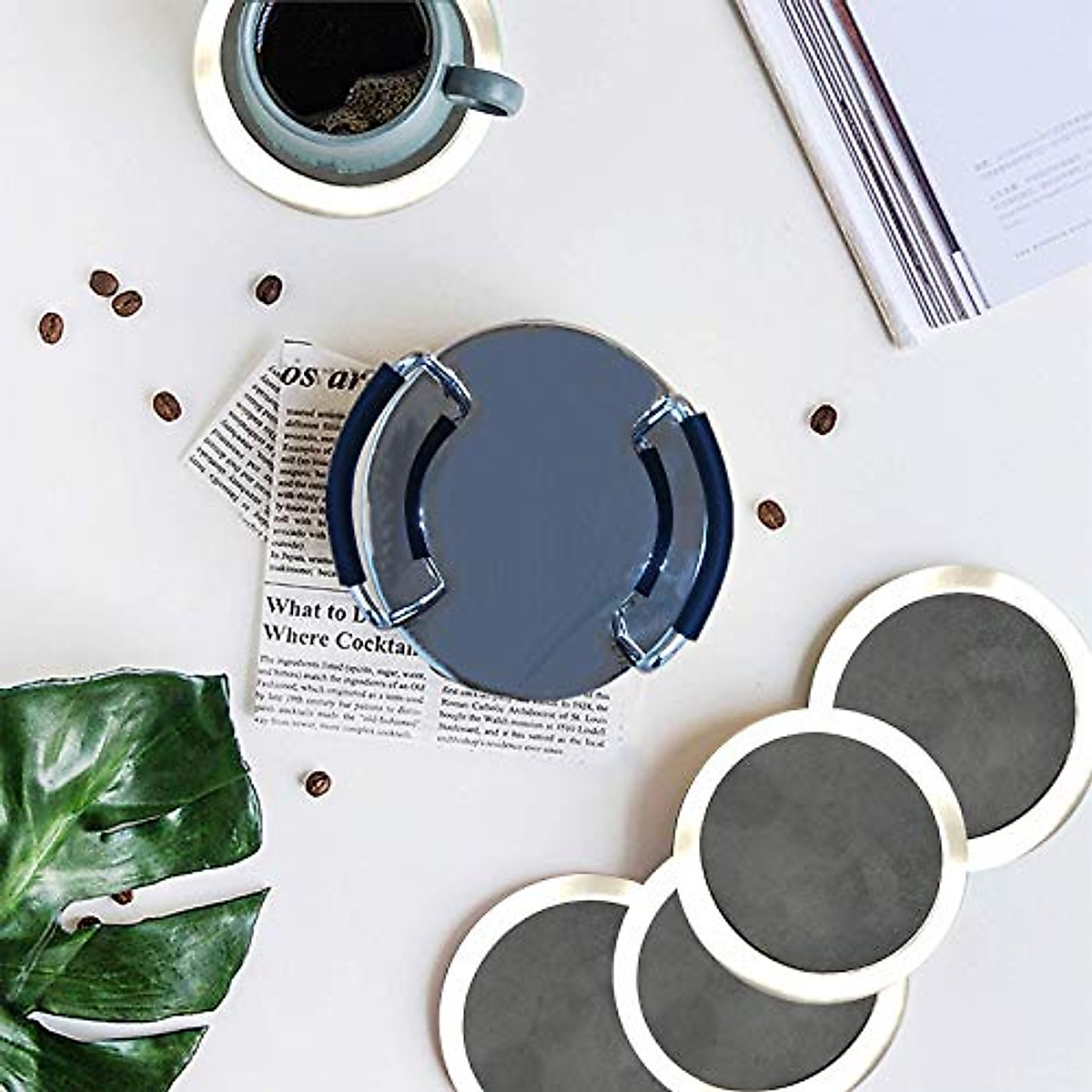 Coasters for Drinks Leather Coasters with Holder for Wooden Table Coaster with Silver Metal Ring for Drinks Absorbent House Warming Presents for Women Funny Farmhouse for Bar Table Set of 6