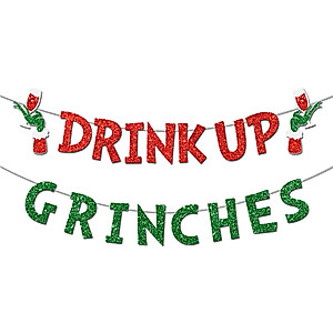 Drink Up Grinches Banner, Glittery Christmas Decorations Banners Winter Holiday Garland Photo Props Banner for Party Home Decorations
