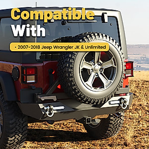 ECOTRIC Steel Rear Bumper Compatible with 2007-2018 Jeep Wrangler JK with Tire Carrier Bumper w/Lockable Tire Carrier 2" Receiver 2Pcs High Powered LED Floodlights Textured Black 2 Packages