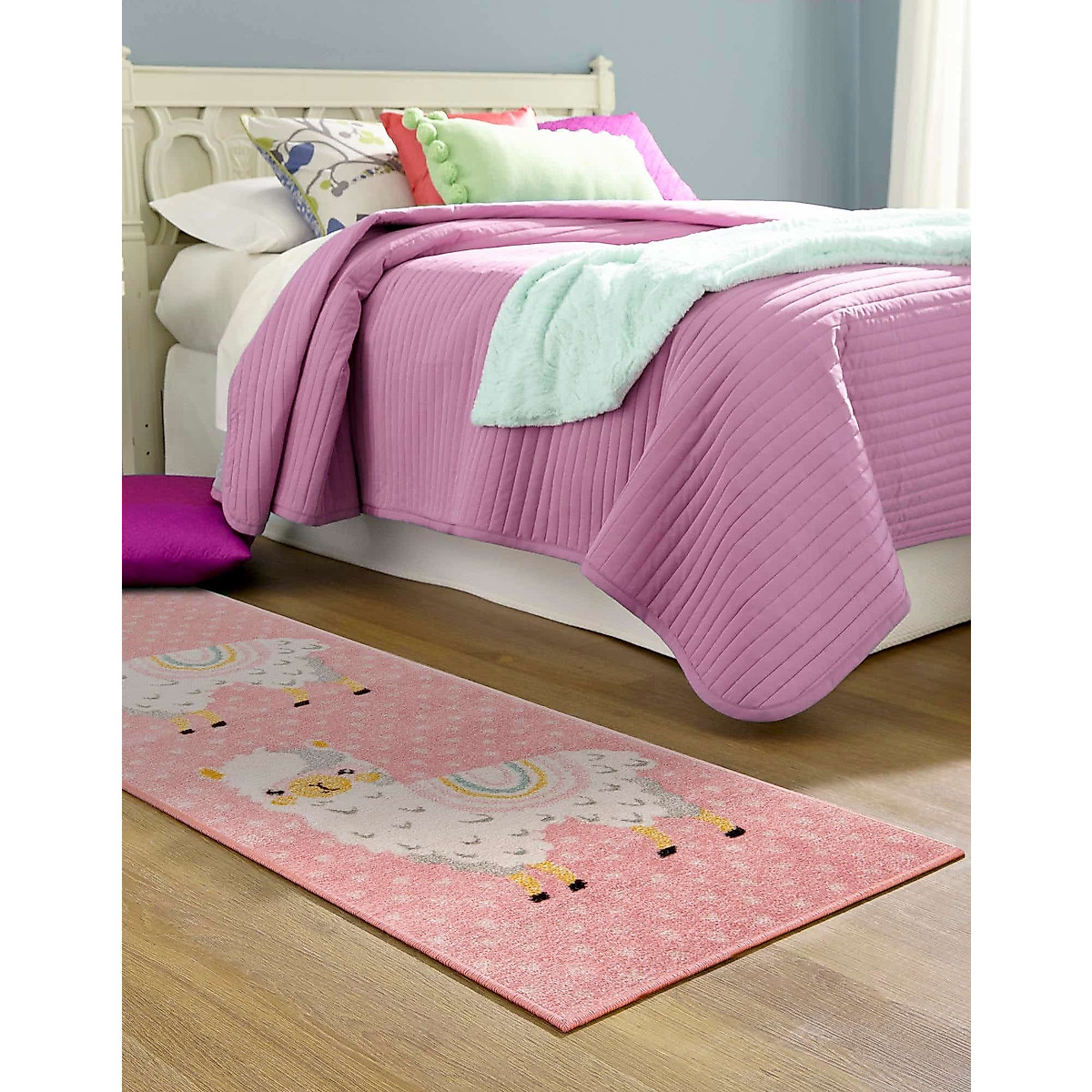Unique Loom Whimsy Kids Collection Area Rug - Llama (Runner 2' 2" x 6' 0", Pink/ Light Blue)