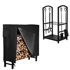 GASPRO Firewood Rack Indoor and 4FT Firewood Rack Outdoor with Cover, 5 Pcs Wrought Iron Fireplace Tools and Log Holder for Fireplace, Wood Stove, Hearth, Fire Pit, Sturdy and Easy to Assemble