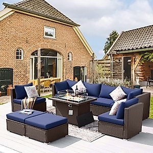 BULEXYARD High Back Brown PE Rattan Outdoor Patio Furniture Set with Propane Fire Pit Table, Large Wicker Outside Sectional Furniture Sofa Conversation Sets for Backyard(Navy Blue, 9Pcs)