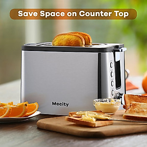 Mecity Toaster 2 Slice Stainless Steel Toaster Countdown Timer, Bagel/Defrost/Reheat/Cancel Functions,Warming Rack, Removable Tray, 6 Browning Settings, Extra Wide Slots, Bread Toaster, 800W