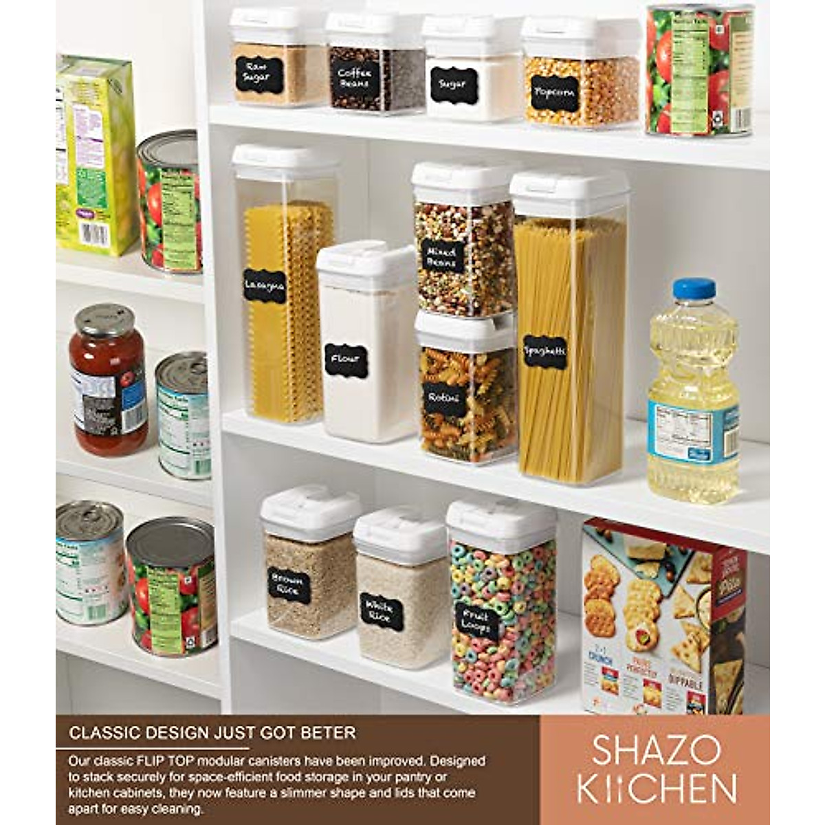 Shazo Airtight Food Storage Containers 12 PC Set, Kitchen Pantry Organization Plastic Containers + Labels +Marker BPA FREE Food Storage Container for Sugar, Rice, Cereal, Flour + Interchangeable Lids