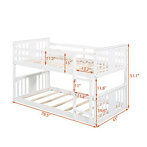 Twin Bunk Beds Low Bunk Bed Frame Wood Twin Over Twin Bunkbed for Kids Toddlers Boys Girls Bedroom, White