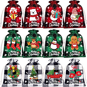 72Pcs Burlap Christmas Drawstring Bags Buffalo Plaid Xmas Gift Bags Burlap Xmas Candy Bags Small Christmas Linen Treat Bags Goody Gift Bags Sacks Reusable Gift Wrapping Bags Holiday Party Favors Bags