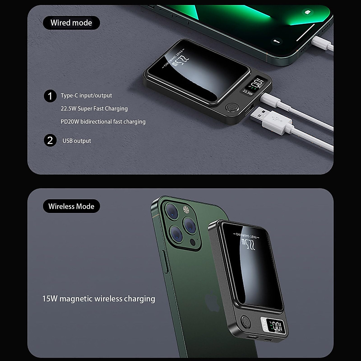 Magnetic Wireless Power Bank 10000mAh, Magnetic Wireless Charging for iPhone 14/15/13/12 series, 22.5W Portable Charger 20W PD USB-C Battery Pack with LED Display for iPhone, iPad, Samsung etc.