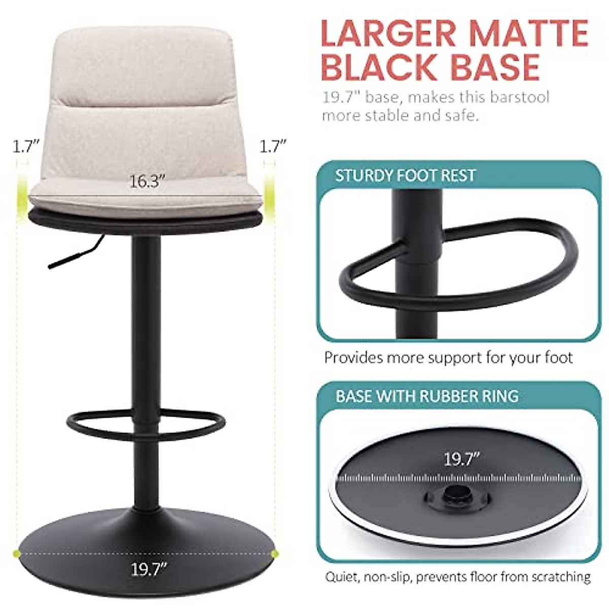 Brage Living Fabric Adjustable Bar Stool, Swivel Counter Height Barstool with Back, Armless Kitchen Bar Chair for Dining Cafe with Large Black Base (Greige)