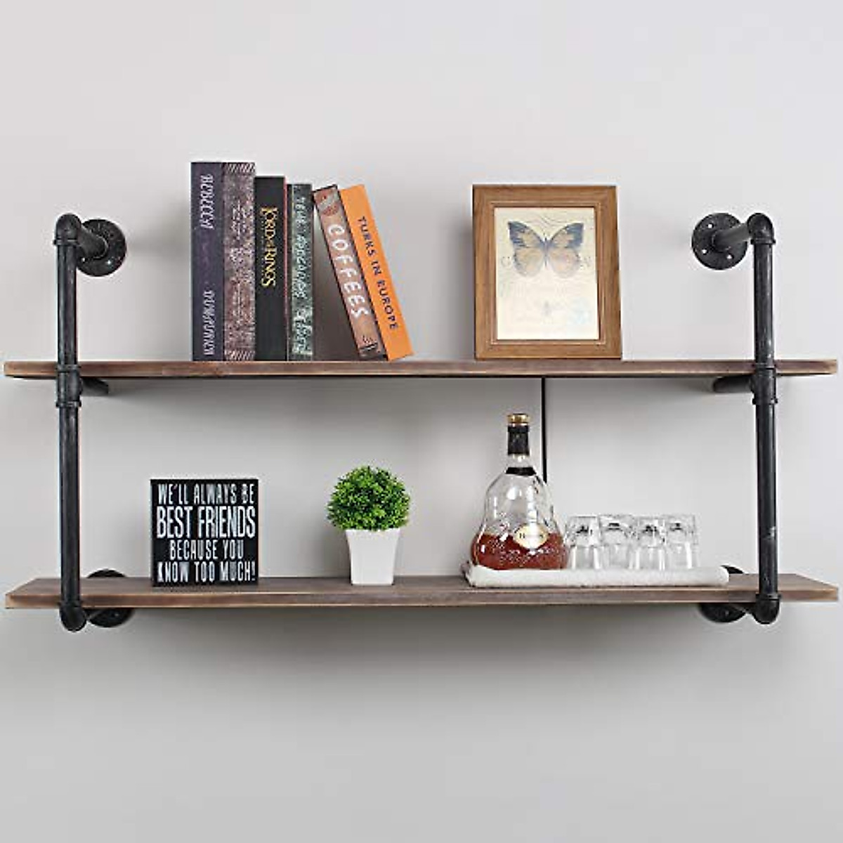Womio Industrial Pipe Shelving Wall Mounted,Rustic Metal Floating Shelves,Steampunk Real Wood Book Shelves,Wall Shelf Unit Bookshelf Hanging Wall Shelves,Farmhouse Kitchen Bar Shelving(2 Tier,48in)