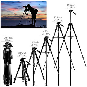 Zoegate Portable Tripod 70"/177cm Travel Camera Tripod Outdoor Compact Aluminum Alloy Video Tripod Monopod with 3-Way Swivel Pan Tilt Head Cellphone Holder Smartphone Clip for Phone