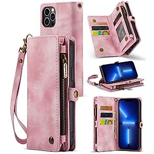 Zttopo for iPhone 13 Pro Max Wallt Case, 2 in 1 iPhone 13 Pro Max Case Wallet with Premium Leather Zipper Lanyard Card Holder, Durable Wristlet Flip Case Money Pocket Cover 6.7 inch