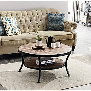 O&K FURNITURE Rustic Round Coffee Table for Living Room, 2 Tier Industrial Cocktail Table with Open Shelving, Vintage Brown Finish,1-PC