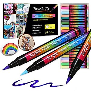 24 Colors Acrylic Paint Pens Soft Brush Tip ,Calligraphy Art Markers for Beginners Writing ,Paint Markers Pens for Rock Painting, Stone, Ceramic, Glass, Wood, Canvas, Metal, DIY Art Crafting