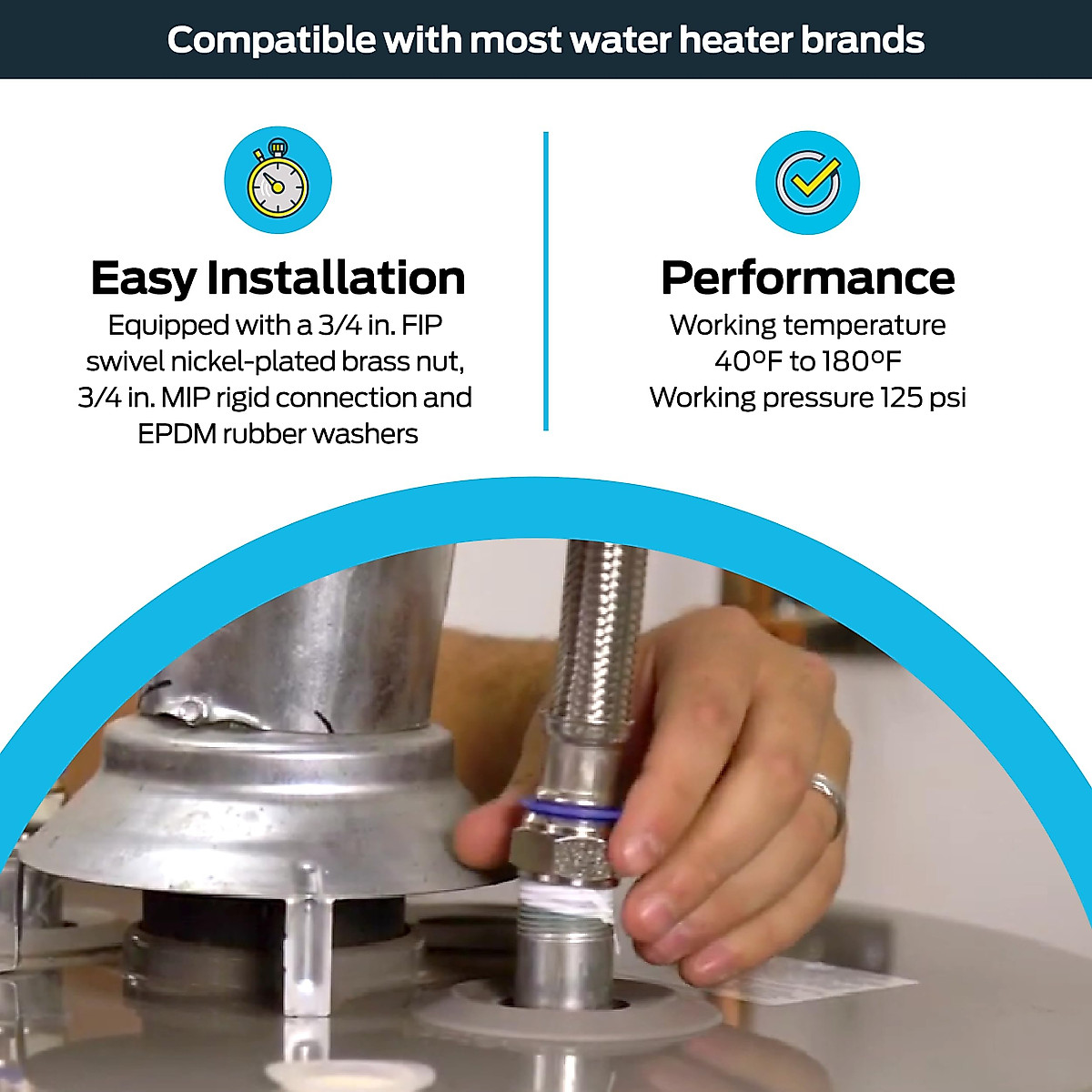 Eastman 24 Inch Steel-Flex Water Heater Connector, 3/4 Inch FIP Swivel x 3/4 Inch MIP Rigid, Flexible Braided Stainless Steel, 48255