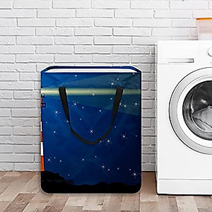 Lighthouse and Stars Blue Laundry Basket Large Cloth Organizer Bag Basket Foldable Laundry Hamper with Handles