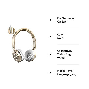 Nasuque Wired Headphones with Microphone, Portable Foldable Headsets with Stereo Bass, Noise Isolating and Adjustable Headband for Home Office Travel (Gold)