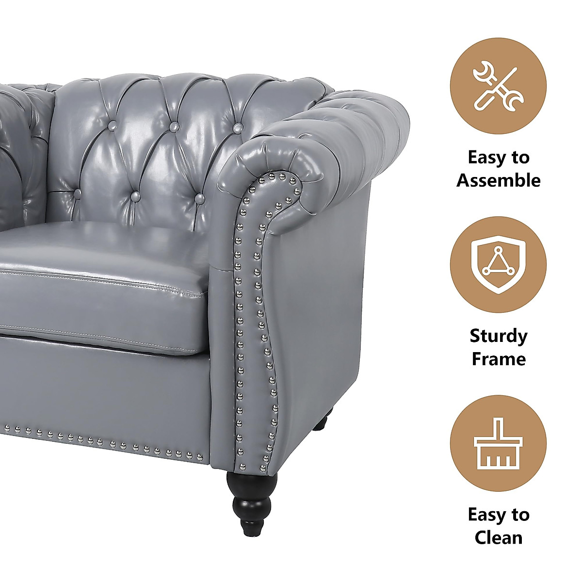 QHITTY Accent Sofa, Chesterfield Loveseat Modern Leather Couch Upholstered Sofa with Tufted Back for Living Room Furniture (Grey)