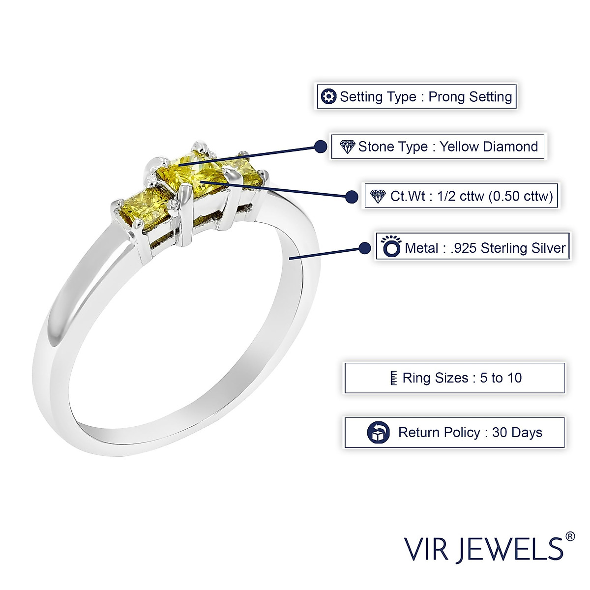 Vir Jewels 1/2 cttw 3 Stone Princess Yellow Diamond Engagement Ring .925 Sterling Silver Size 7