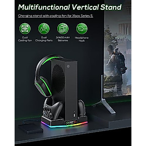Cooling Stand & Charging Station for Xbox Series S with RGB Light Strip,Dual Charger of Controllers and Cooler Fan for XSS Console Accessories with 2*1400mAH Rechargeable Battery Pack,1*Headphone Hook