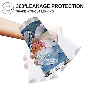 FHENMSA Reusable Plastic Water Cups with Lids,Dragonfly Lotus Print Anti-overflow Cup,sports Travel Coffee Cup