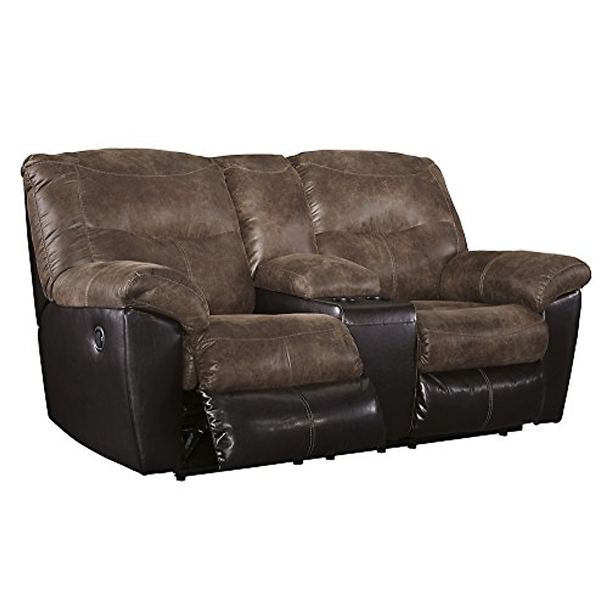 Signature Design by Ashley Follett Faux Leather Manual Pull Tab Reclining Loveseat with Center Console, Two Tone Brown