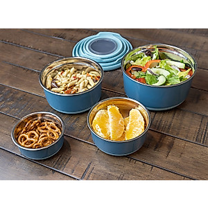 MIRA Stainless Steel Food Storage Set - 4 Anti-Slip Containers for Meal Prep - Multi-Size Pack (1, 2, 3, 5 Cups), Slate Blue